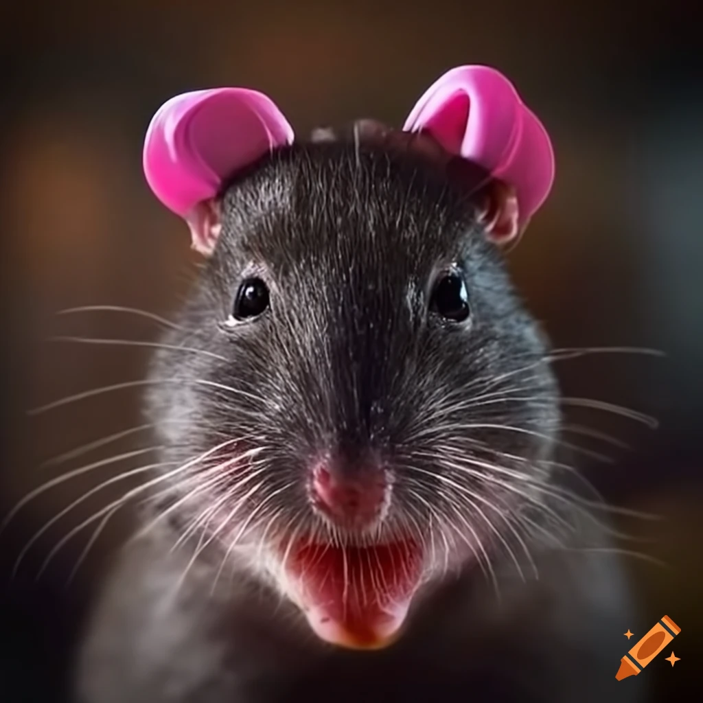 Black sewer rat with a pink bow in a cage at a bar on Craiyon