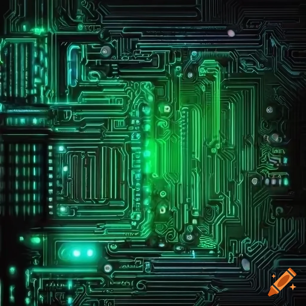 Abstract artwork of black and glowing green printed circuit boards with microchips and resistors ...