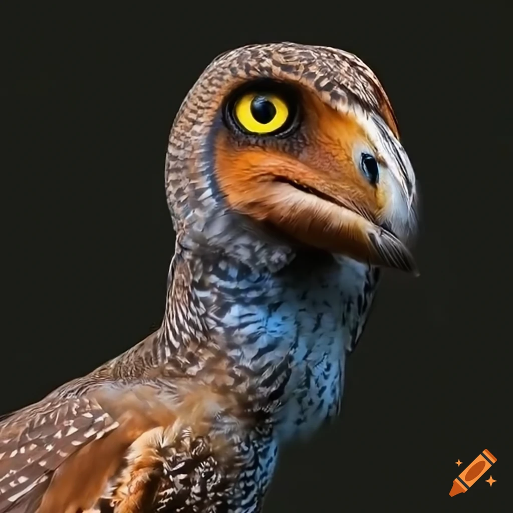 Feathered utahraptor with owl-like colors on Craiyon