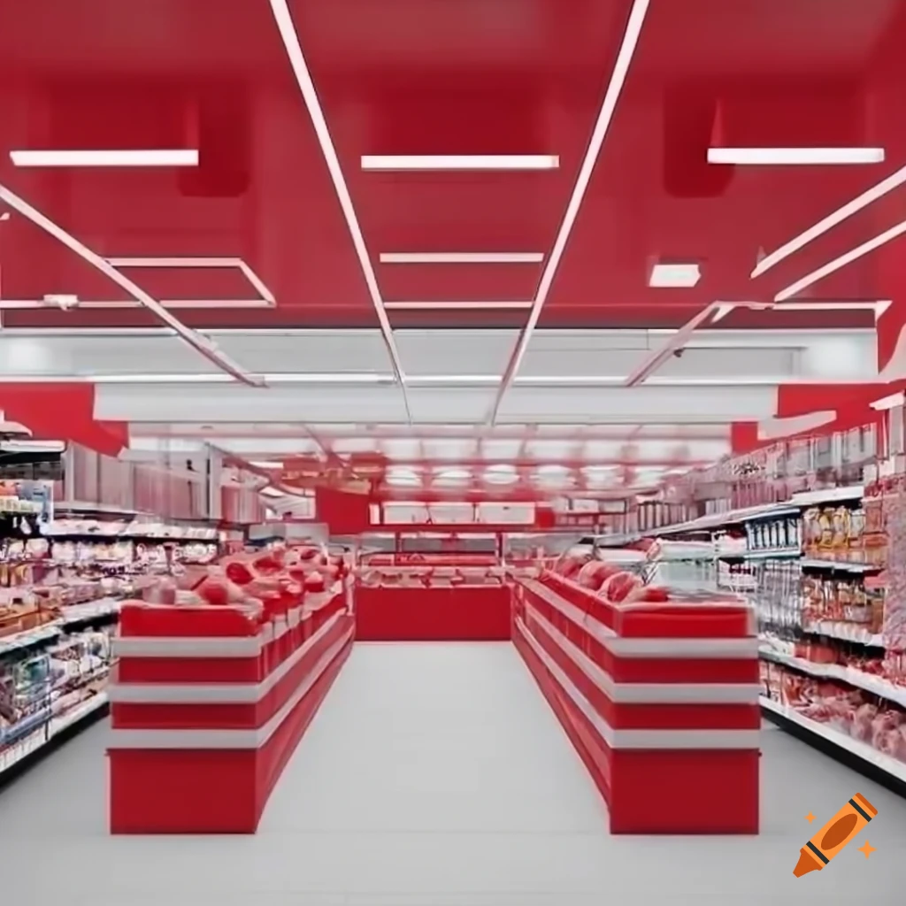 Vibrant interior of a red and white supermarket on Craiyon