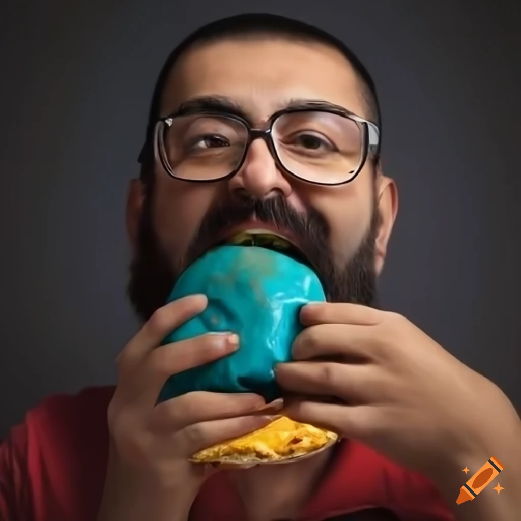 Turkish man with glasses eating a blue hamburger on Craiyon