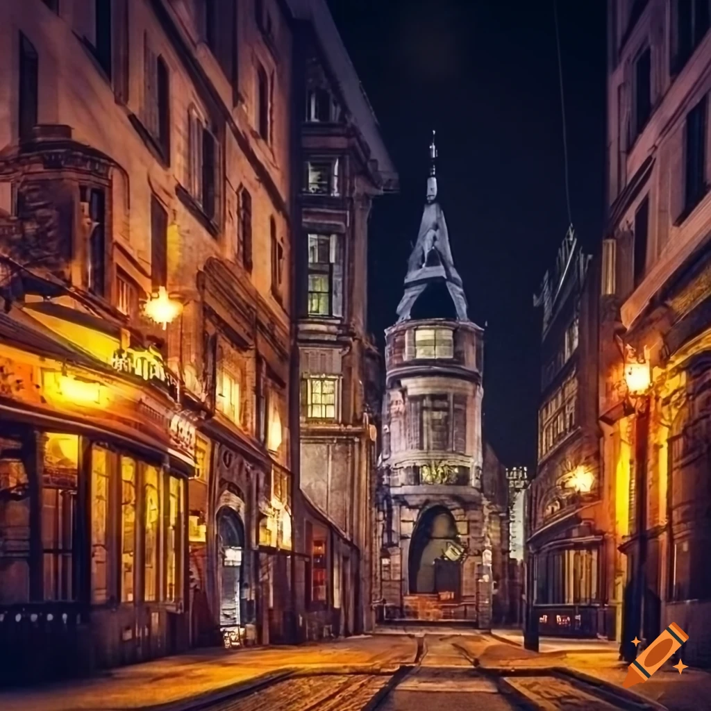 Steampunk high street at night from street view on Craiyon