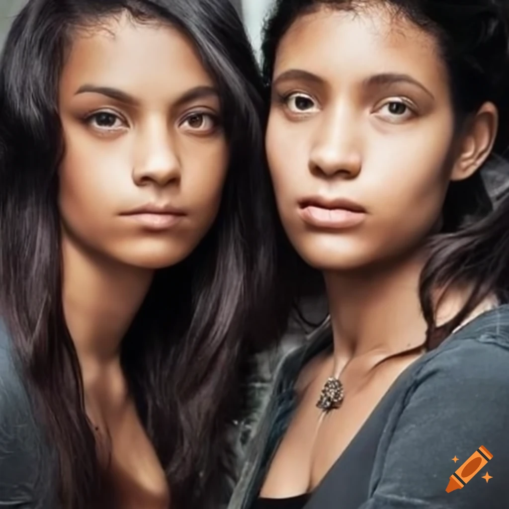 Portrait of black-haired humanoid alien sisters with arabic features on ...