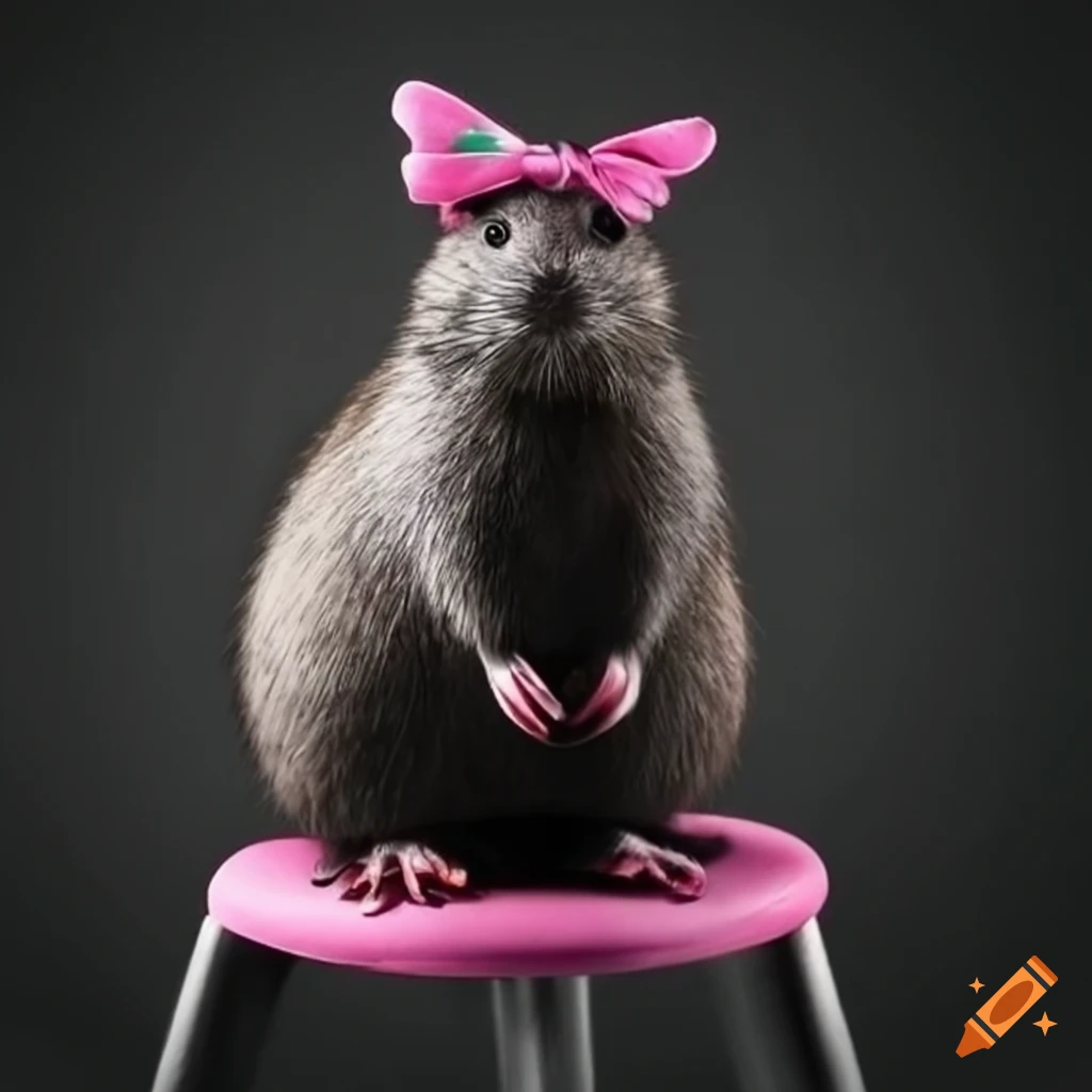 Chubby black rodent with a pink bow perched on a bar stool on Craiyon