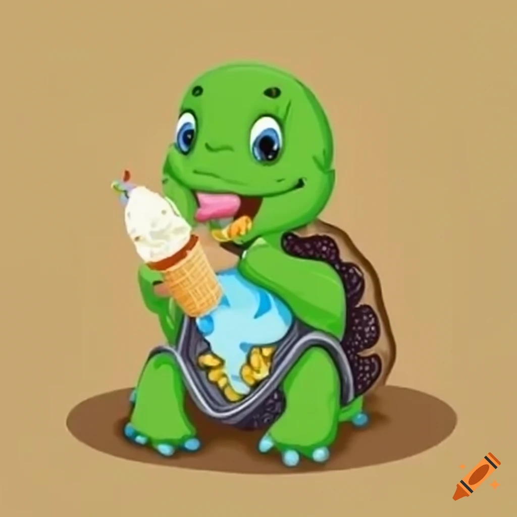 Turtle enjoying an ice cream in toddler cartoon style on Craiyon
