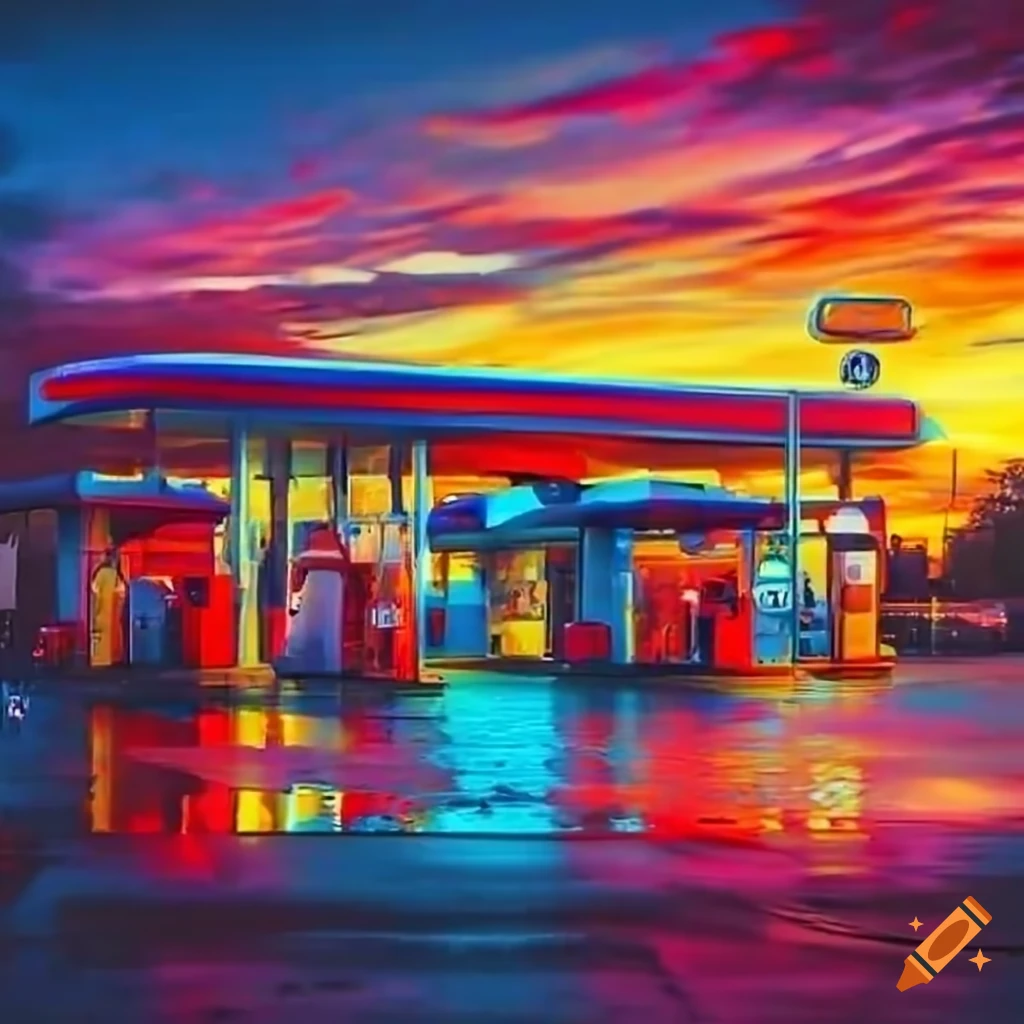 Vivid colors at a gas station on Craiyon