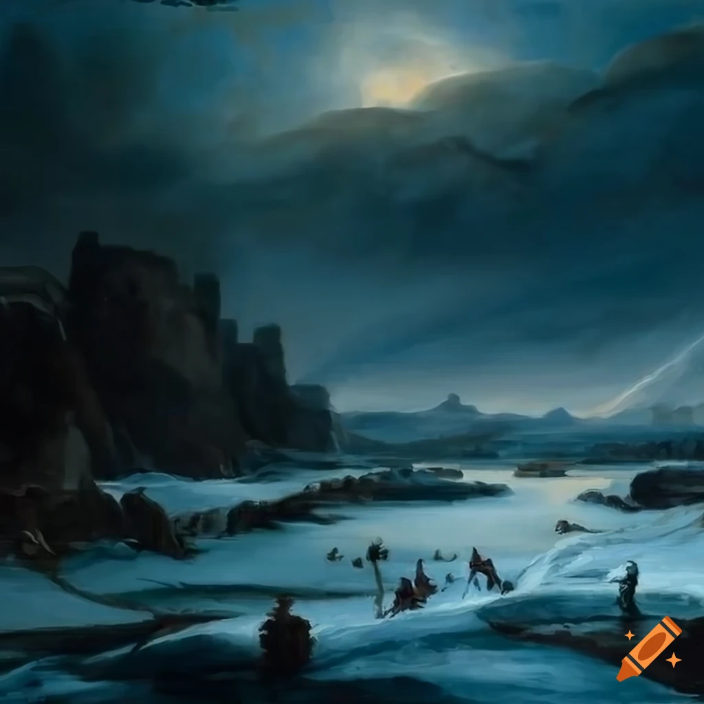 Frozen planet landscape in 16th century style painting on Craiyon