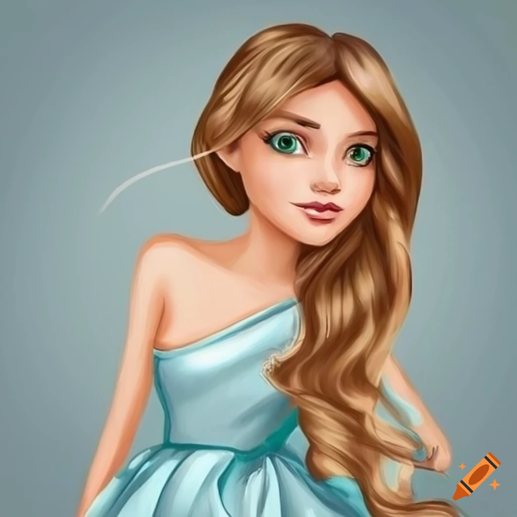 Princess with light brown hair, fair skin, and green eyes in a blue ...