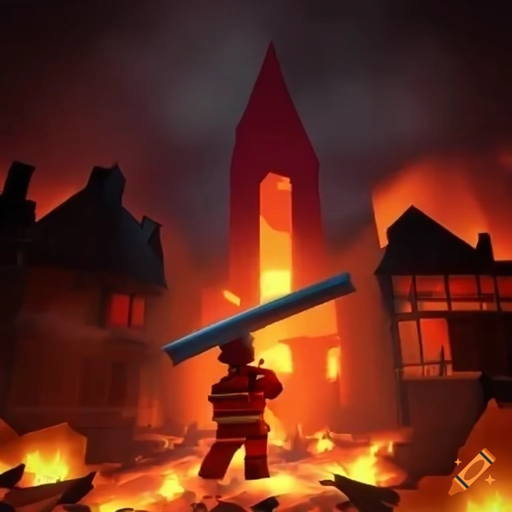Group of classic Roblox firefighters battling a burning building on Craiyon