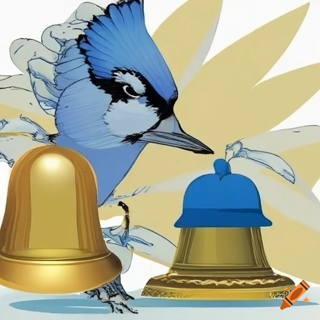 Blue jay perched on a golden bell on Craiyon