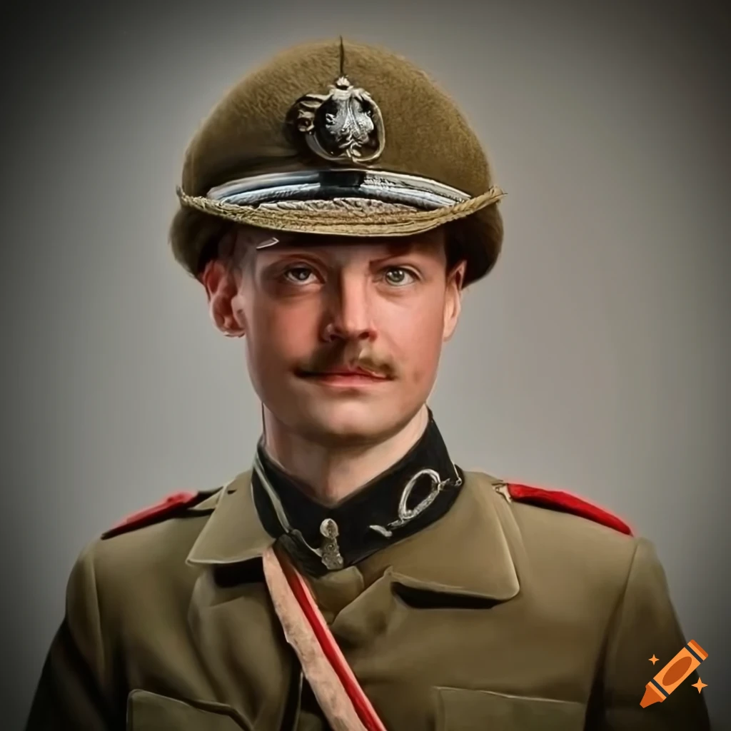 Portrait of a WW2 era army officer in a British-style uniform with red ...