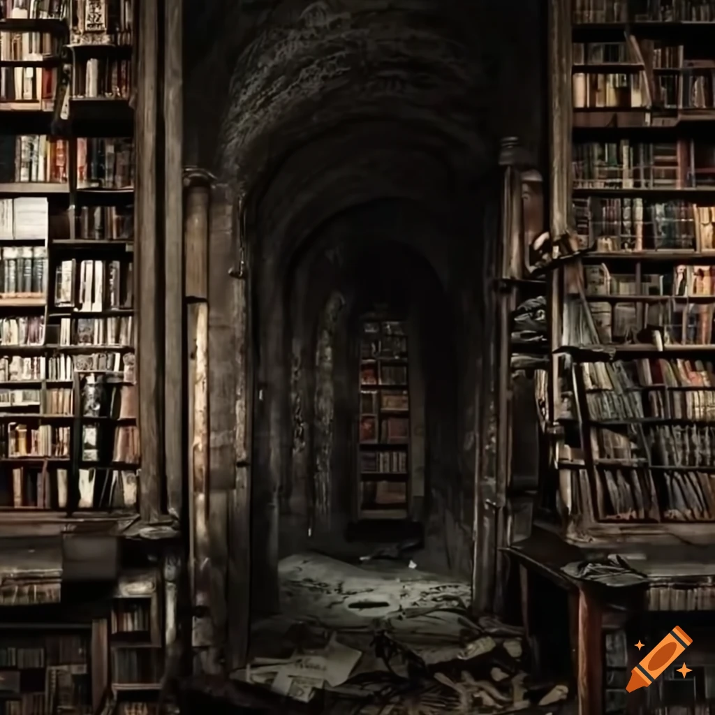 Creepy underground library with a messy and dark atmosphere on Craiyon