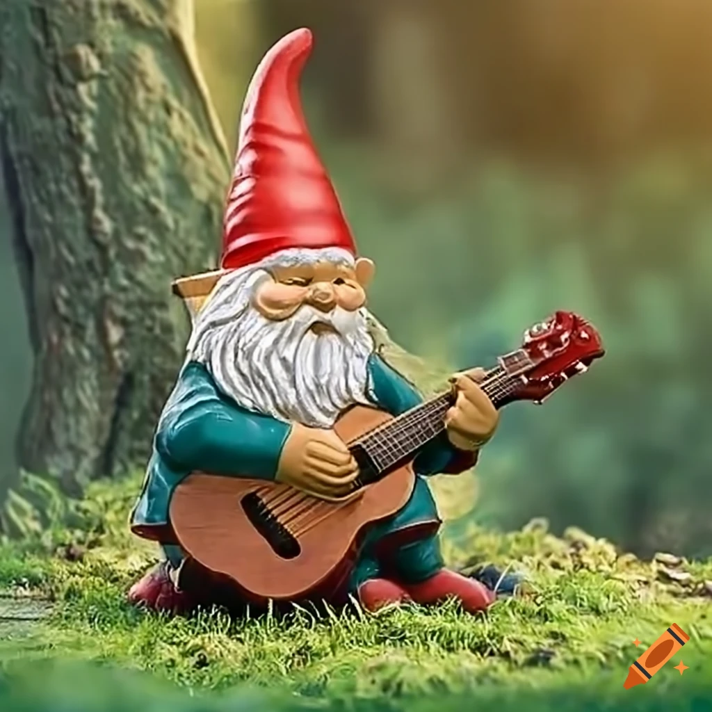 Garden gnomes playing acoustic guitars on Craiyon