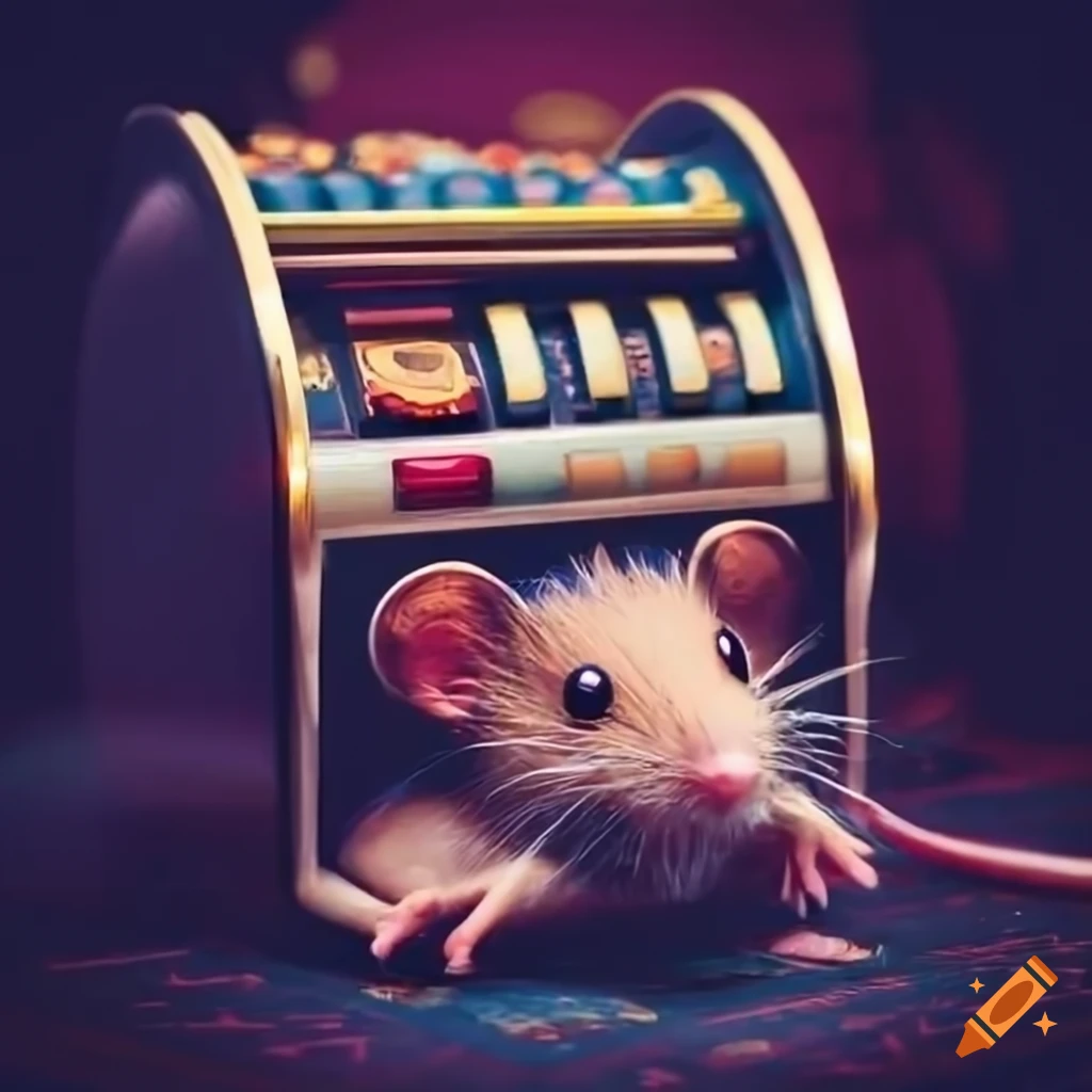 Small mouse playing with a slot machine at a vintage casino on Craiyon