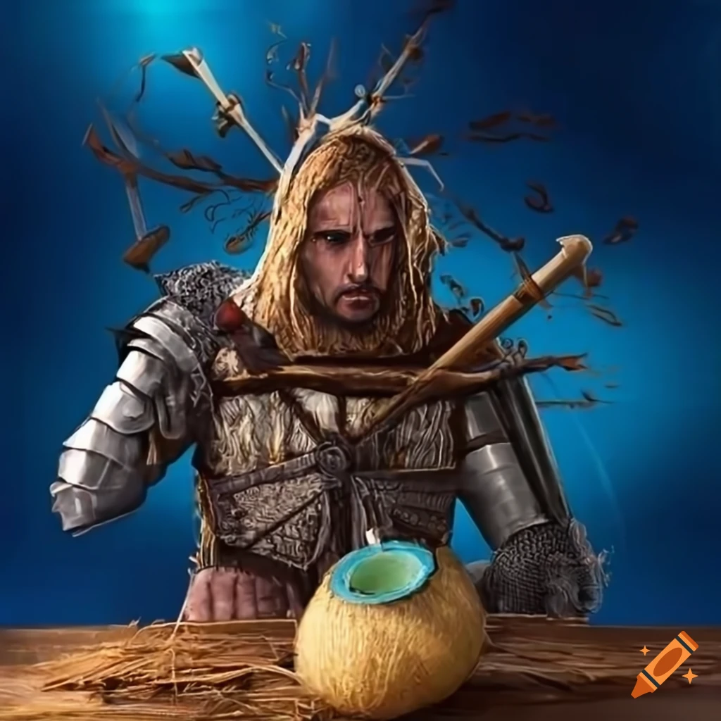 Male warrior knight drinking from a coconut with umbrellas on Craiyon