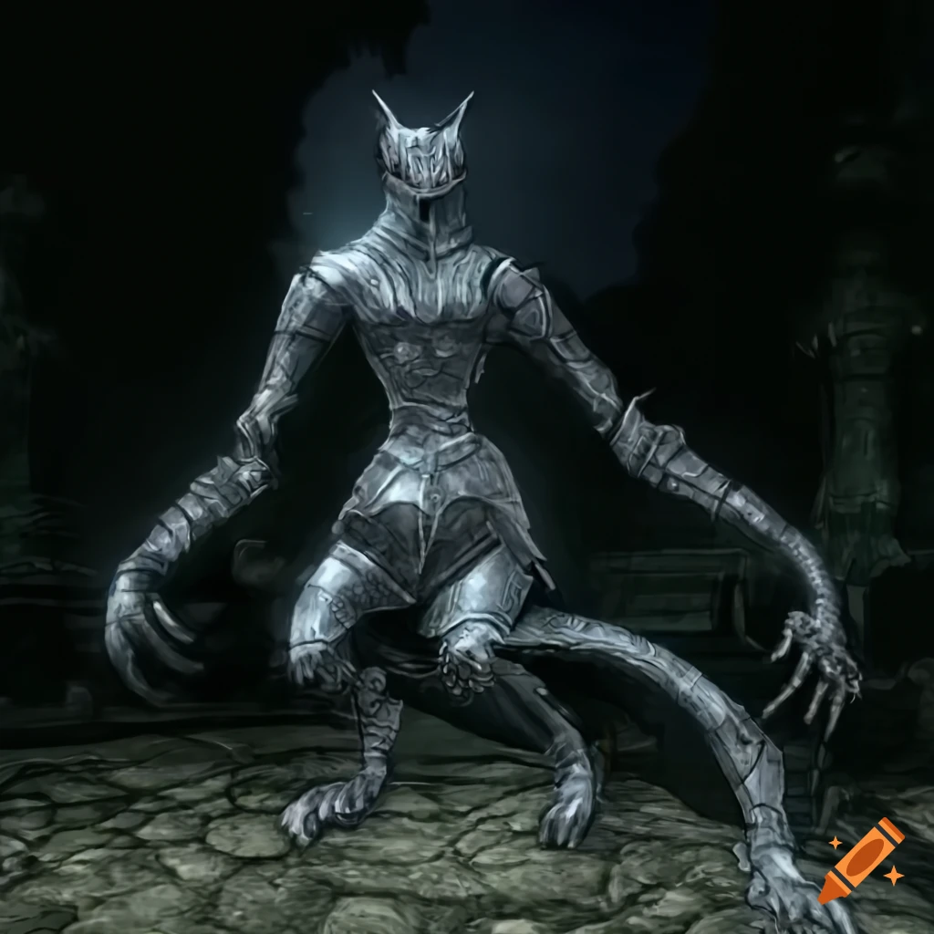 Mythical creature in armor with human upper body and cat legs in a dark ...