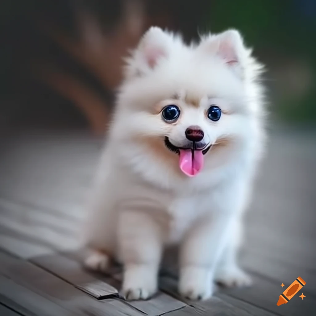 Cute fluffy white anime spitz dog with blue eyes on Craiyon