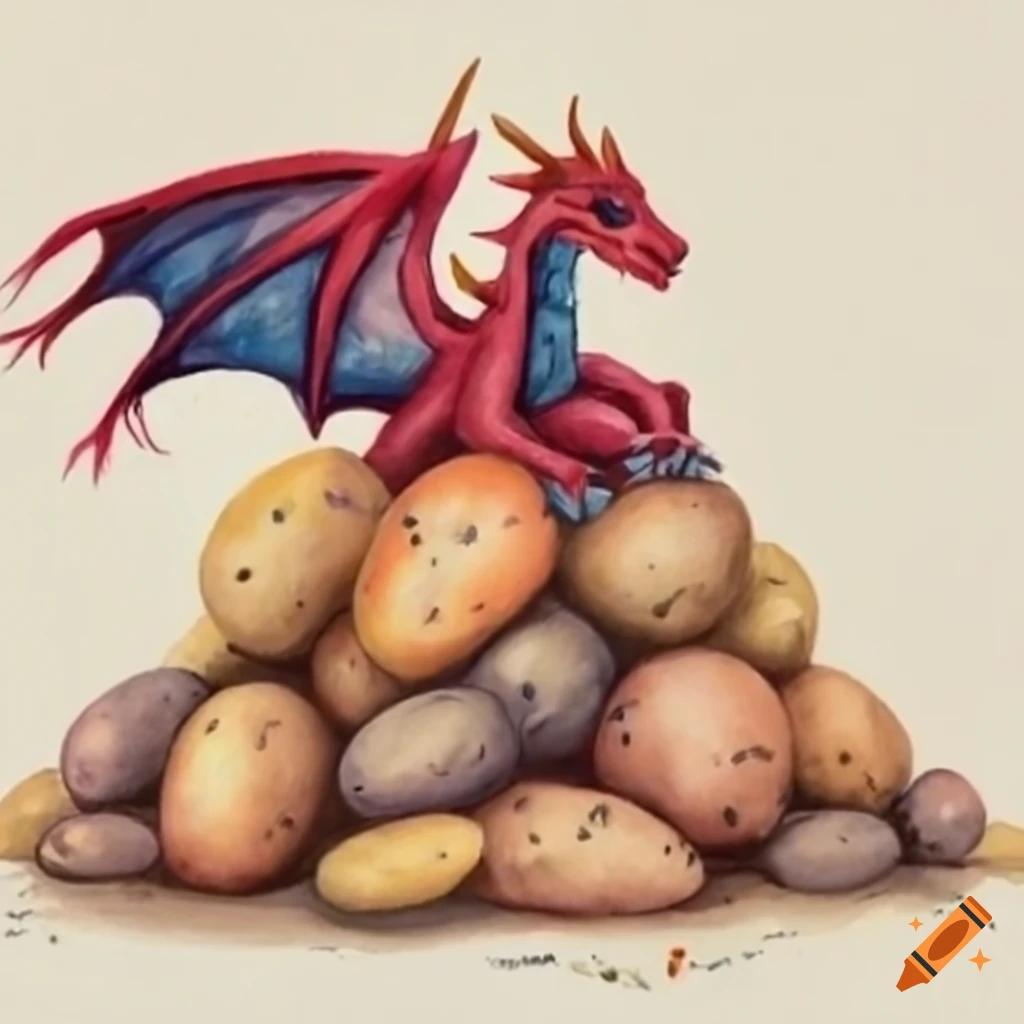 Dragon sitting on a pile of potatoes in a whimsical setting on Craiyon