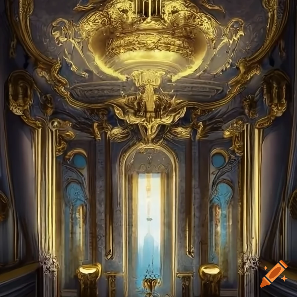 Art Nouveau luxurious fantasy palace interior with metallic and gold ...