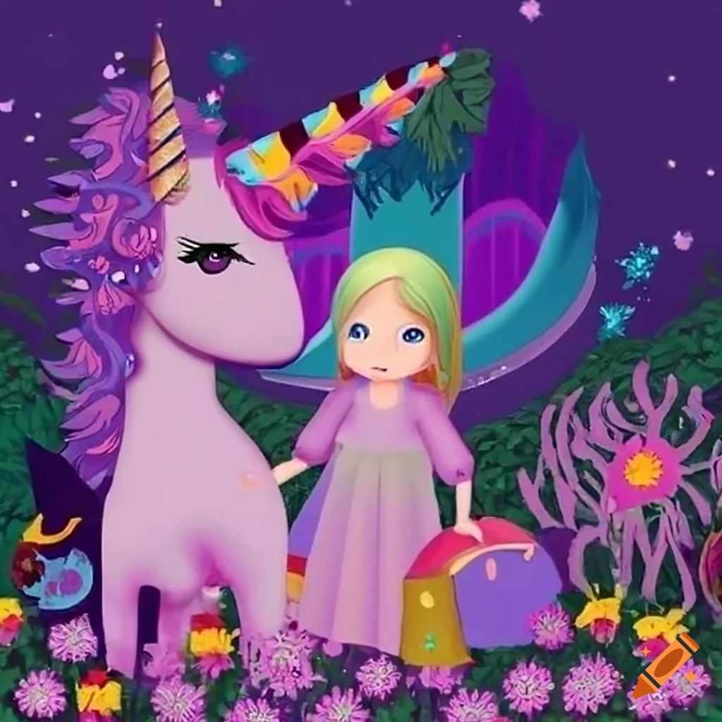 Friendly unicorn and curious little witch Lila in a sunlit meadow on Craiyon