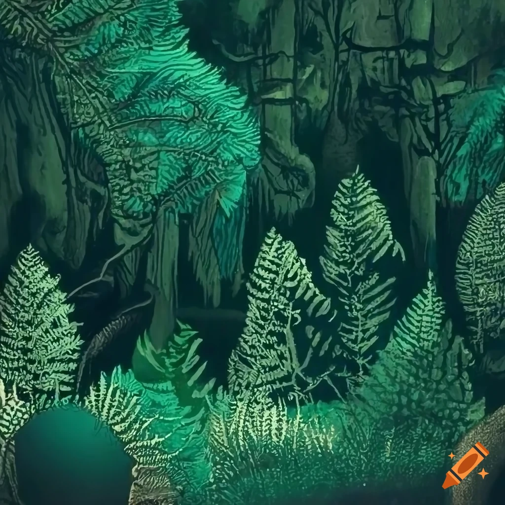 Background of ancient early cretaceous forest with conifers and ferns ...