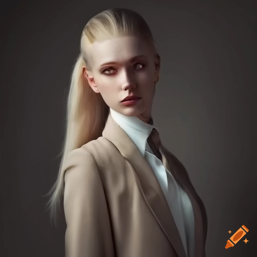 Elegant blonde woman in a stylish suit accentuating her slender build ...