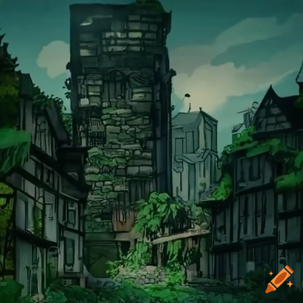 Ruined town overgrown with plants on Craiyon