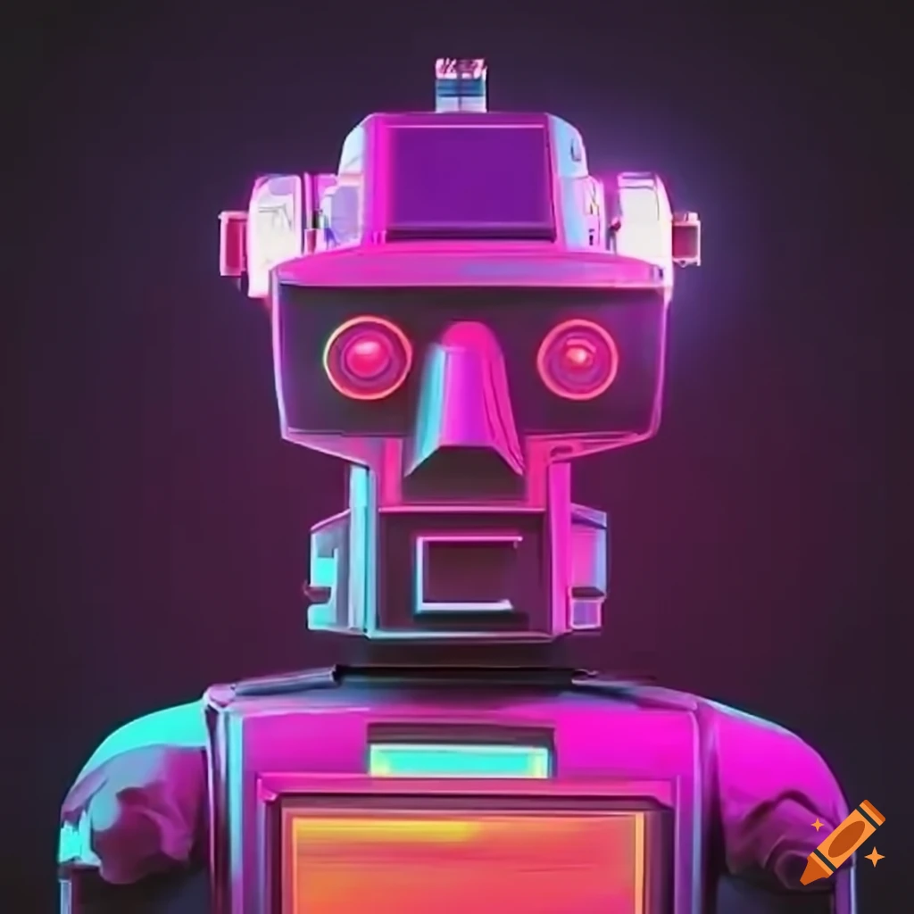 Illuminated robot with sovietwave and vaporwave style in a high-tech ...