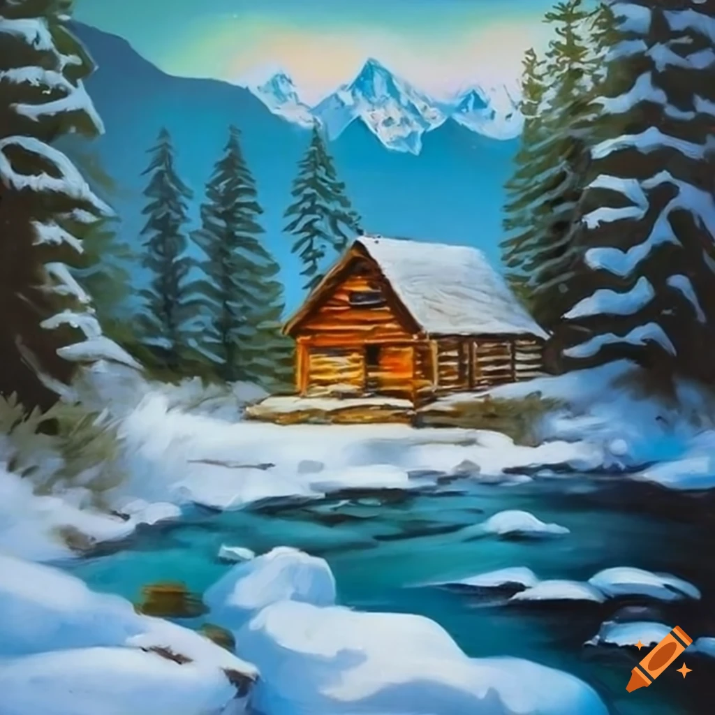 Bob ross oil painting of a river cabin and snow-covered trees on Craiyon