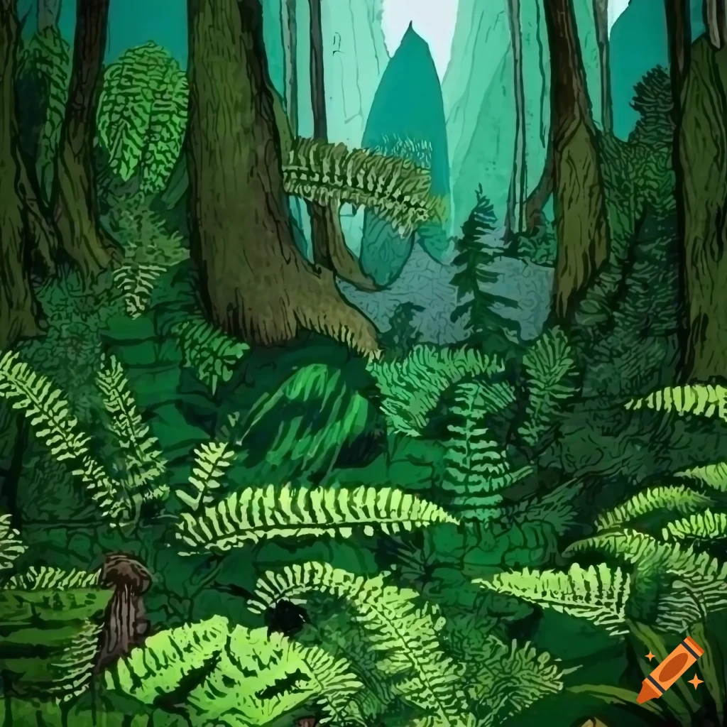 Ancient early cretaceous forest with conifers and ferns on Craiyon