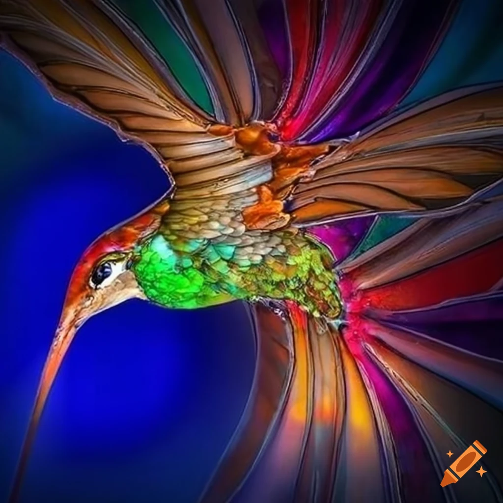 Fractal stained glass art with a hummingbird design on Craiyon
