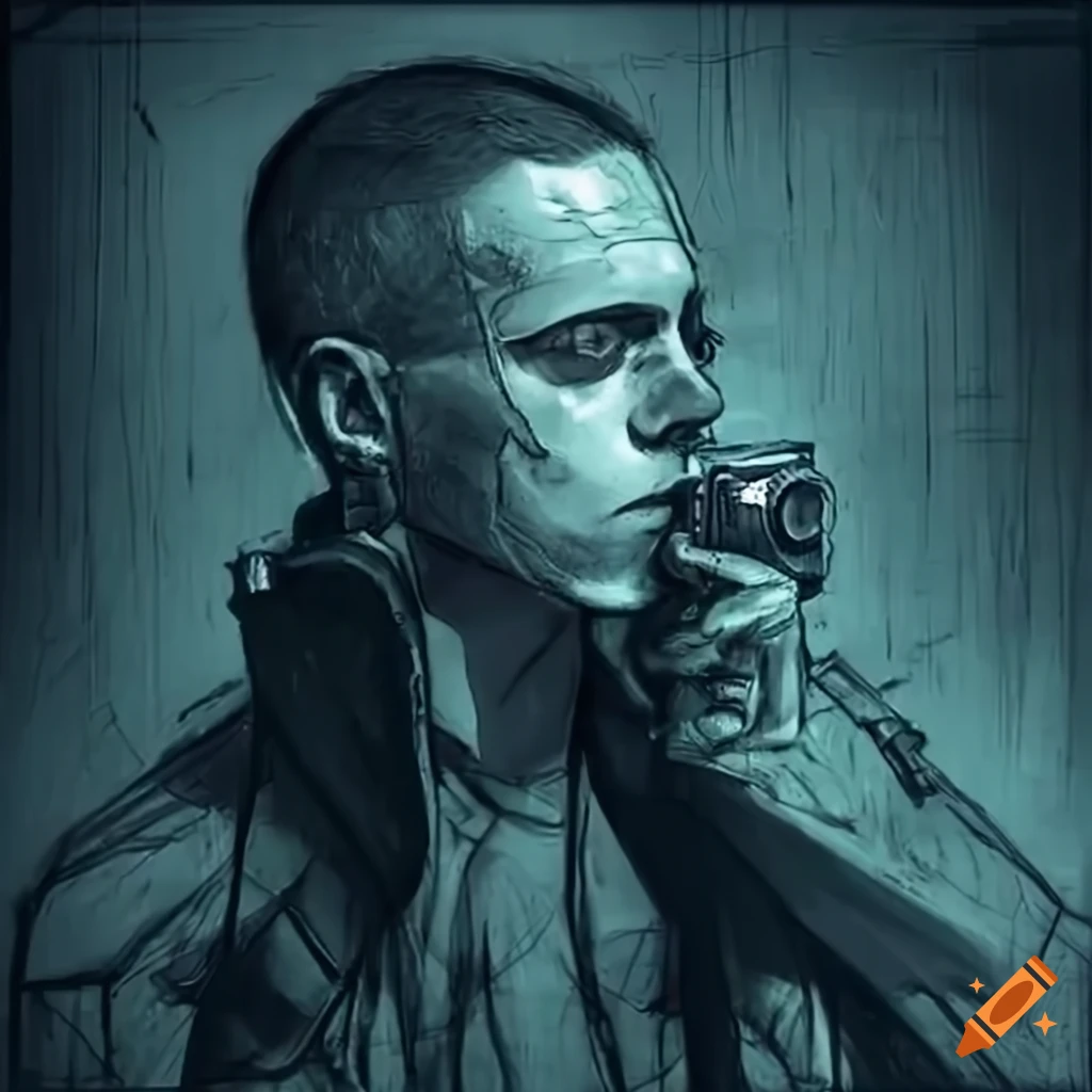 Cyberpunk male reporter in dark long trench with camera eyes on Craiyon