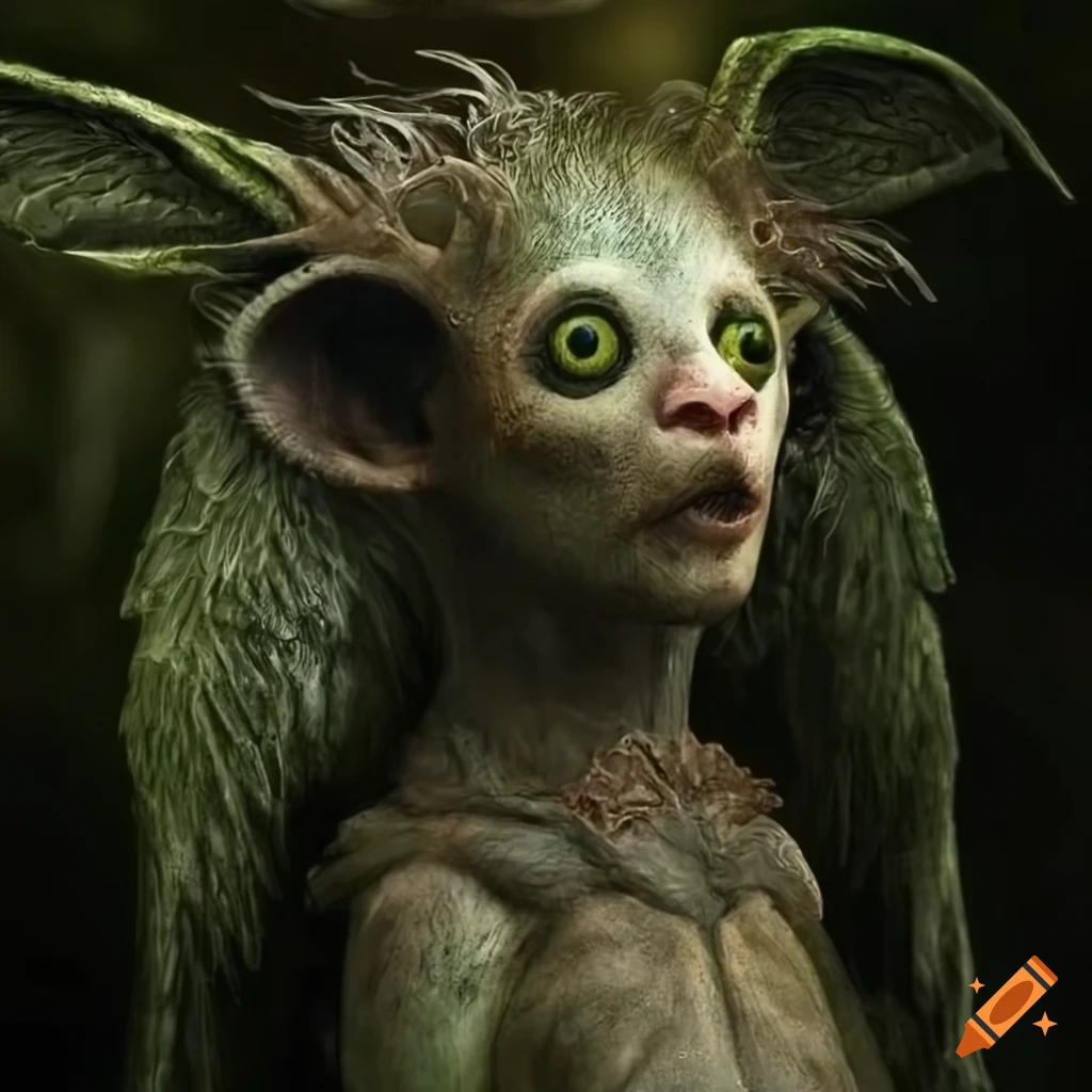 Fantasy creature with aye-aye monkey head, tree body, and angel wings in Brian Froud style on ...