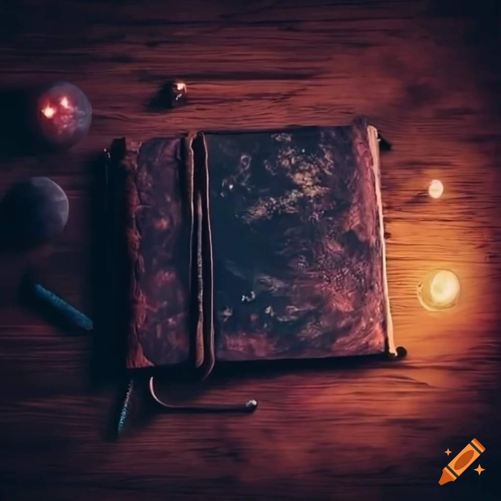 Overhead view of a mysterious and magical diary on Craiyon