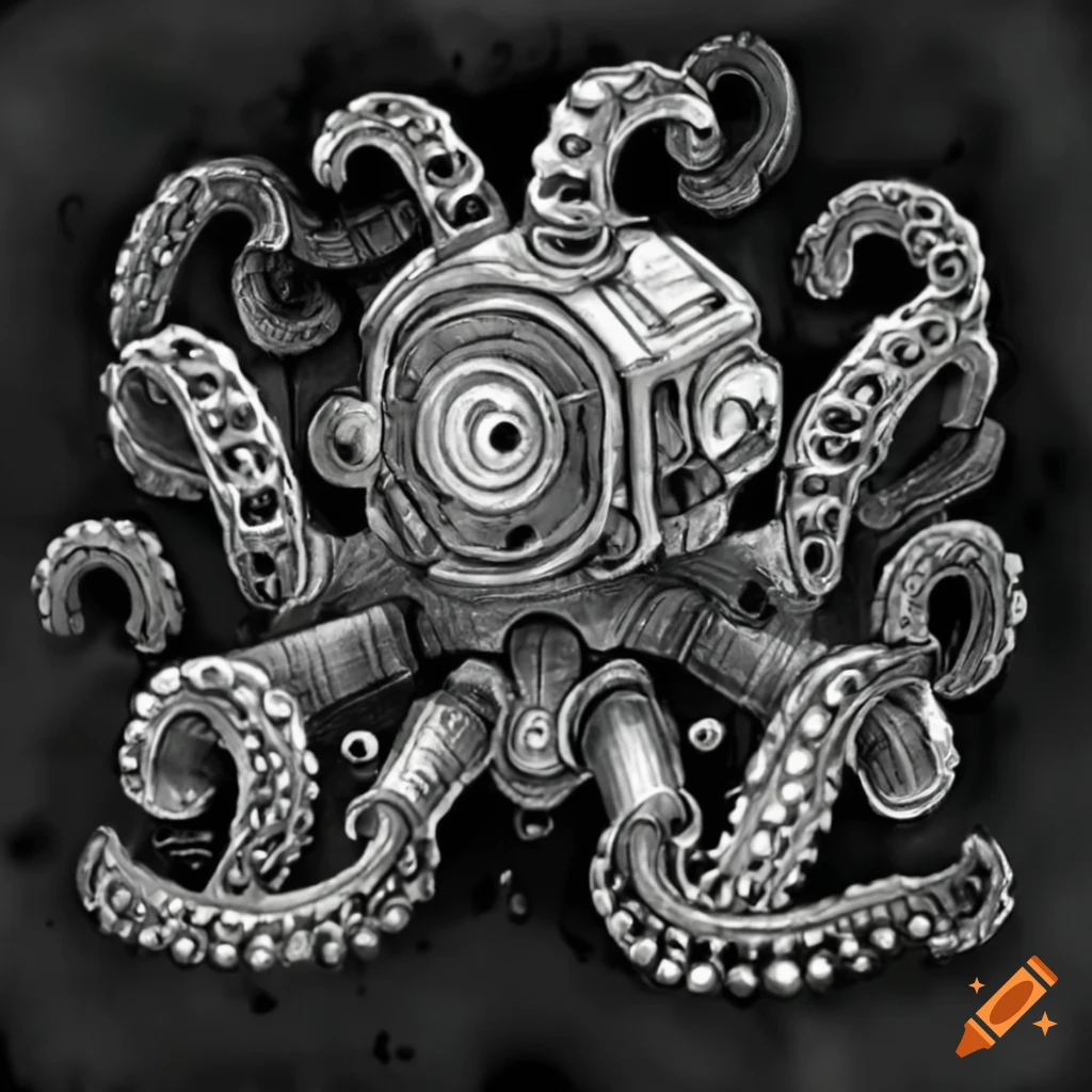 Miniaturized mechanical war octopus robots in black and white on Craiyon