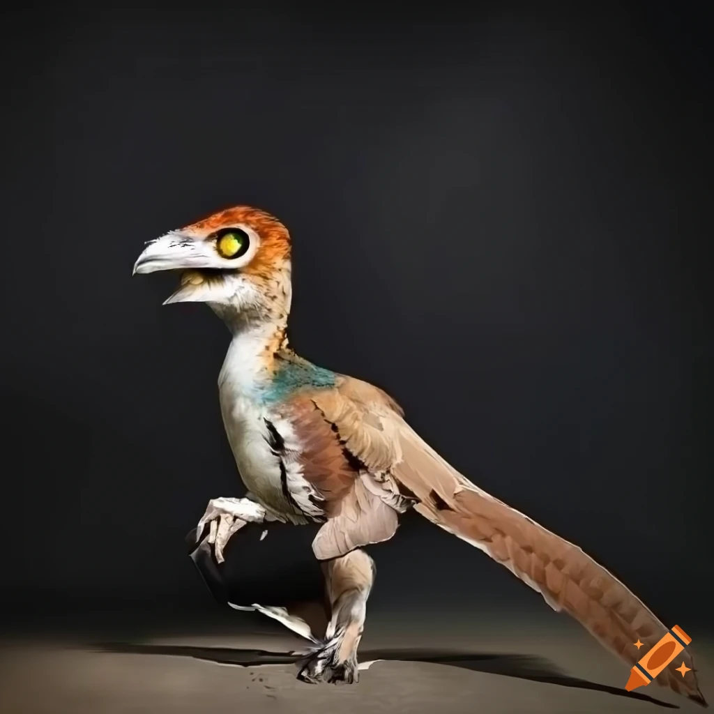 Feathered utahraptor with owl-like colors in full body view on Craiyon