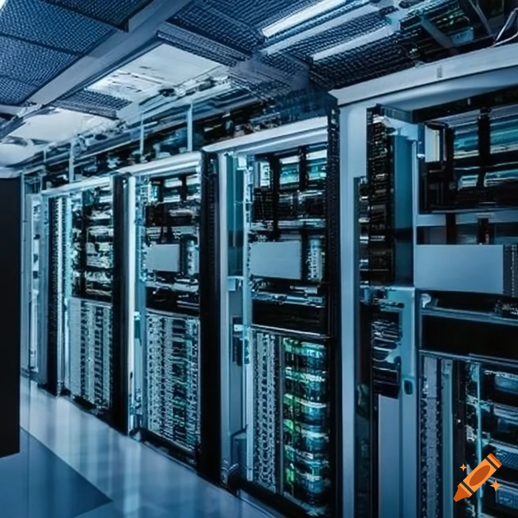 Sophisticated arrangement of computer servers in a data center on Craiyon