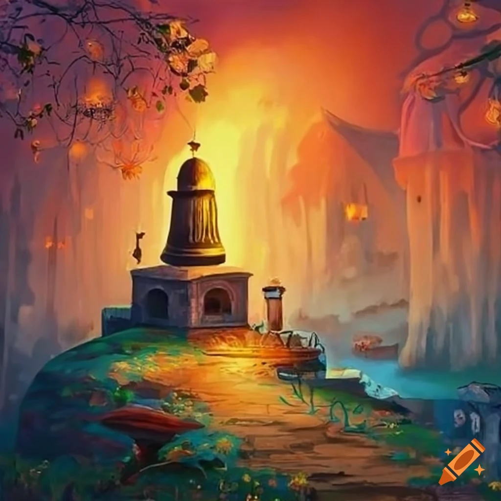 Enchanting artwork of a picturesque village with a magical bell on Craiyon