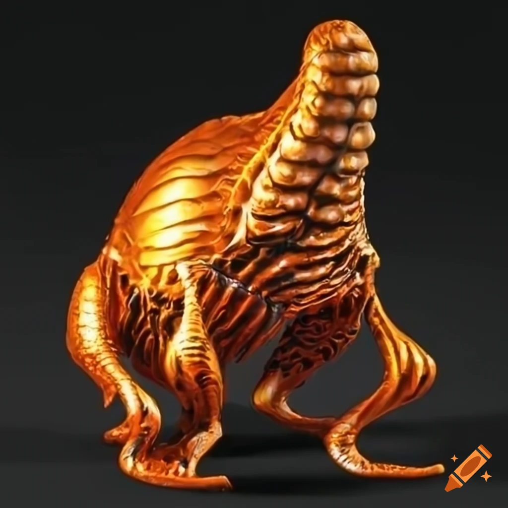 Semi-metallic orange blobby biomechanical creature with 5 limbs on Craiyon