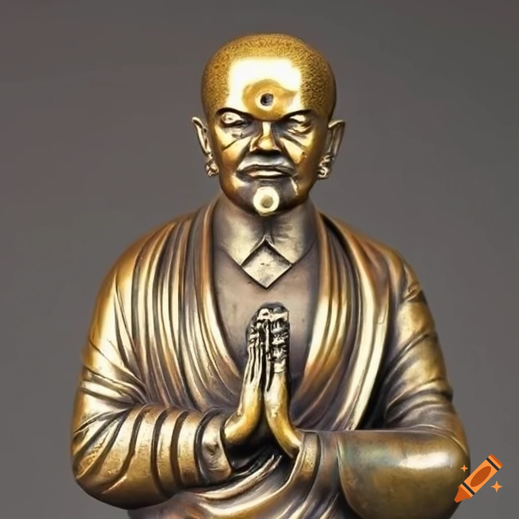 Golden-headed lenin as a preachy bronze buddha statue with raised ...