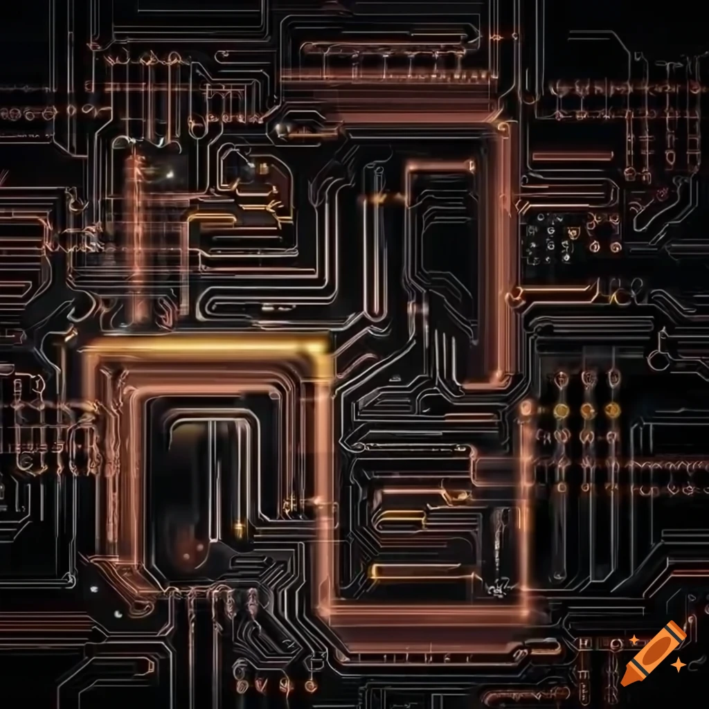 Abstract black and glowing gold, silver, and copper printed circuit ...