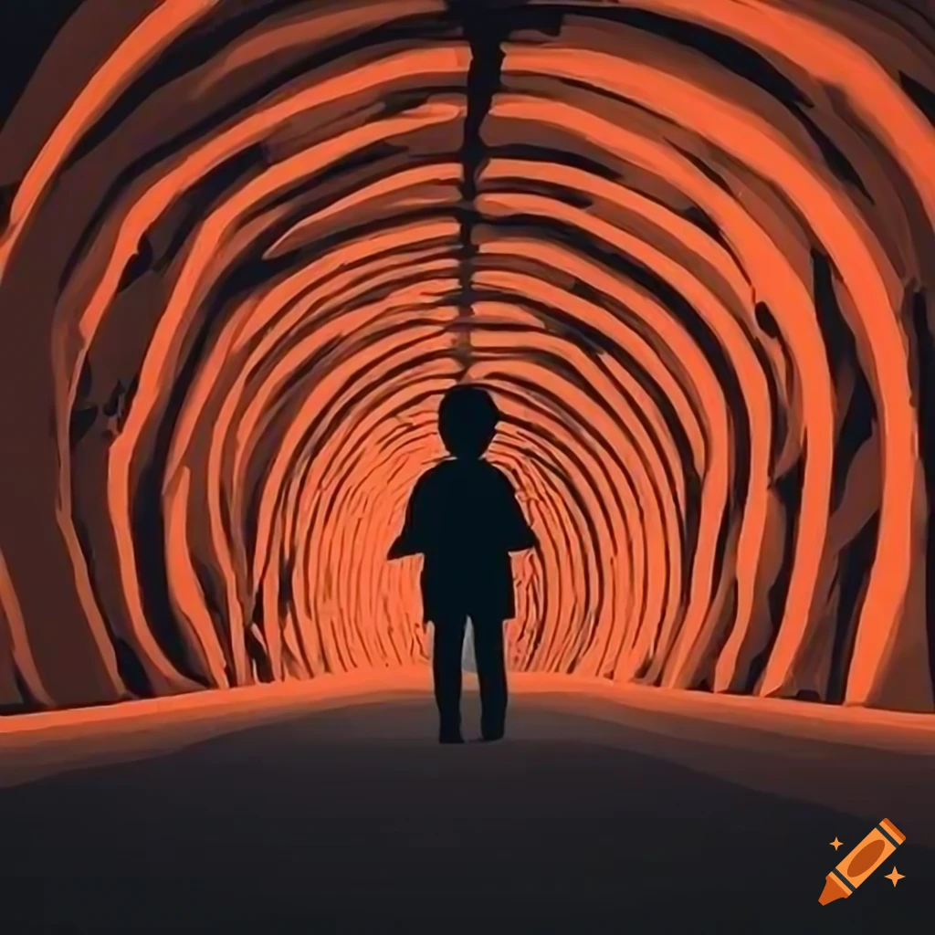 Minimalistic art of a deep orange tunnel with a black ending and a kid ...