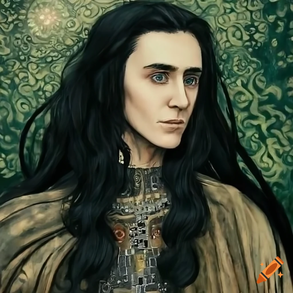 Portrait of handsome loki with long black hair in the style of gustav klimt on Craiyon