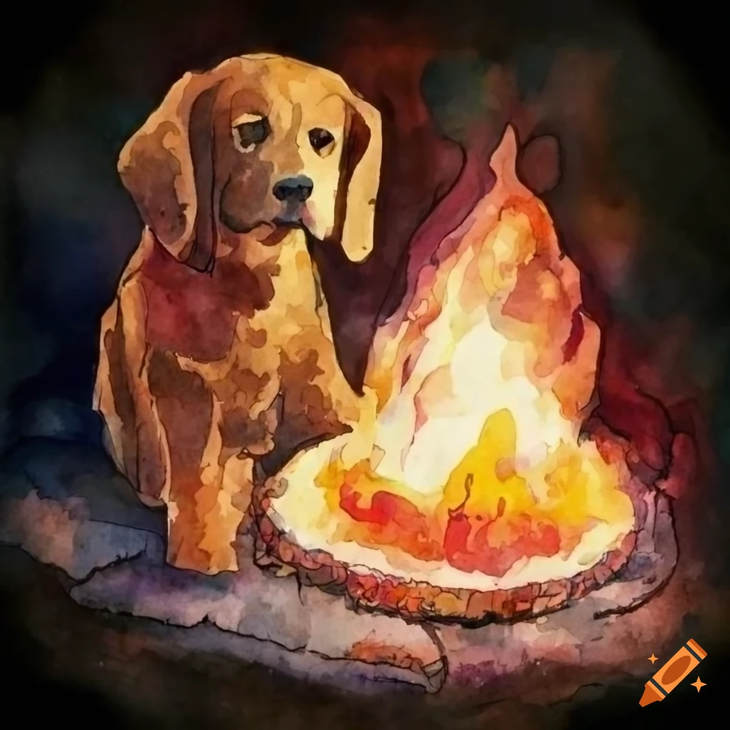 Dogs and cats cuddling around a campfire in a watercolor painting on ...
