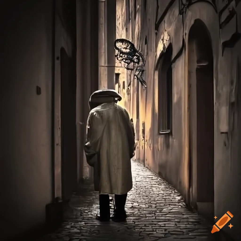 Elderly man in a back alley on Craiyon