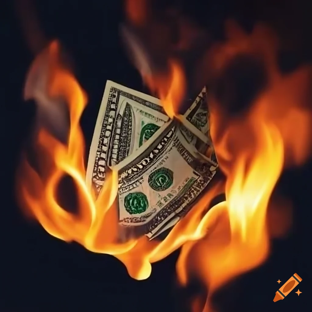 Flying dollar bills over burning flames on Craiyon