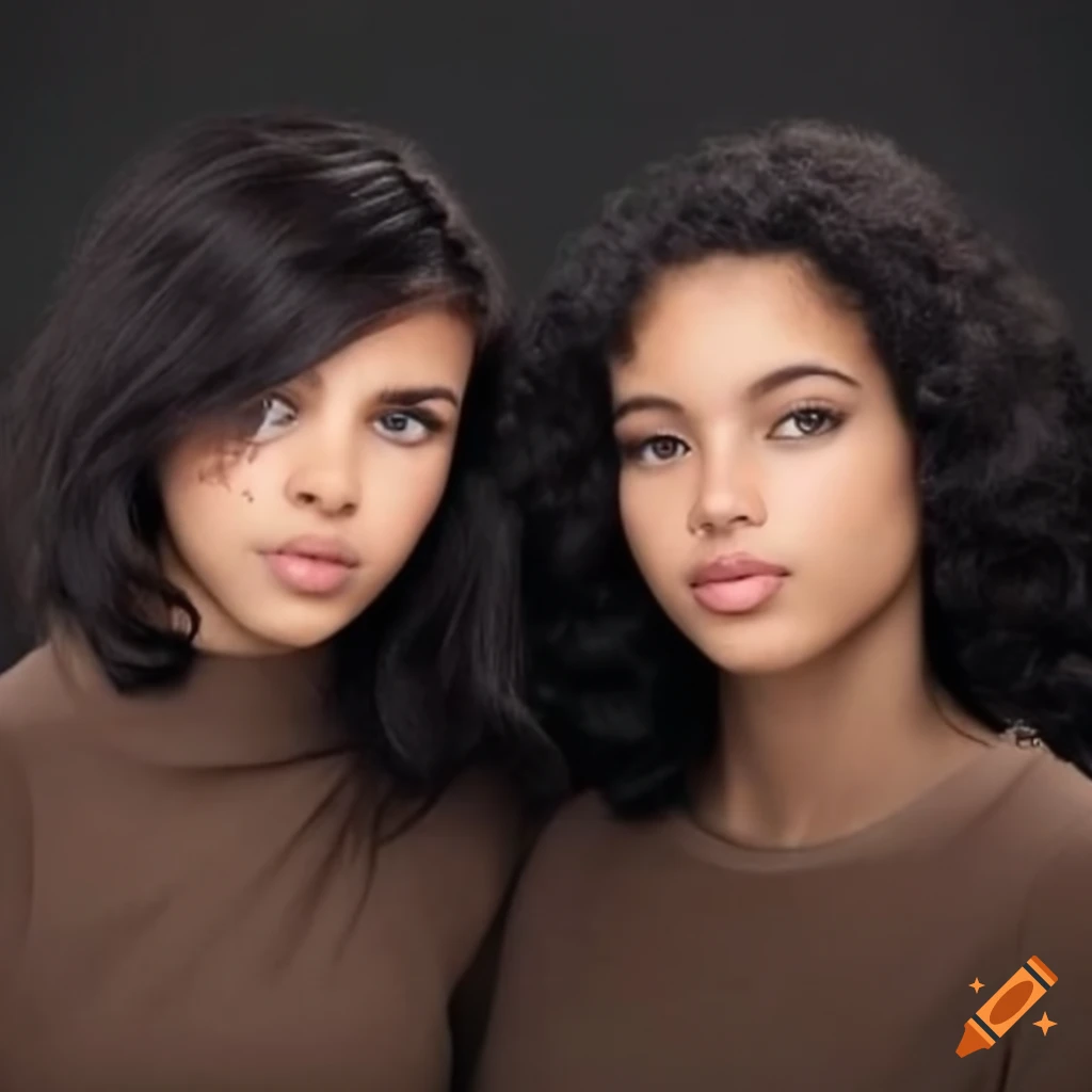 Short wavy black hair, brown-skinned humanoid sisters with arabic ...