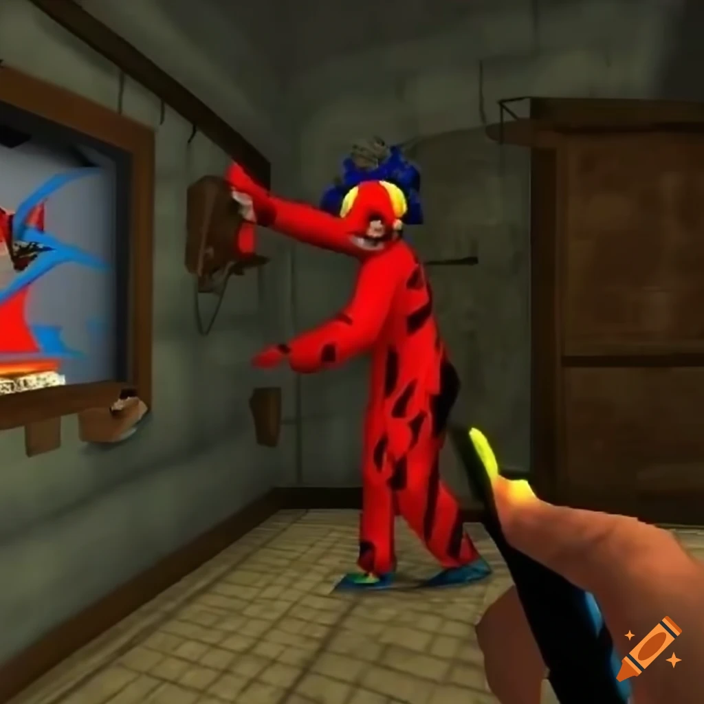 Gmod carnival game with water gun clown mouth game footage on Craiyon