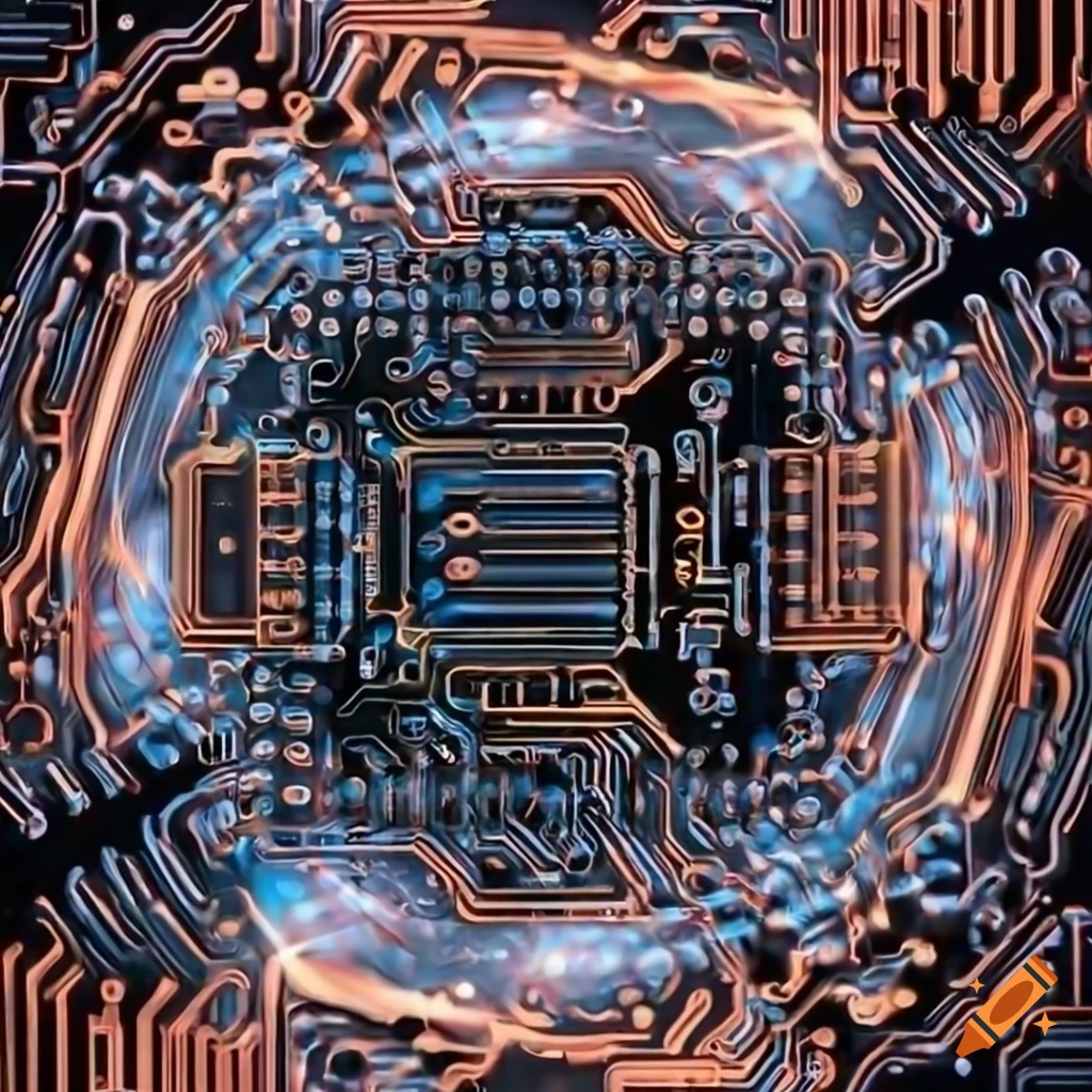 Abstract black and glowing gold, silver, and copper printed circuit ...