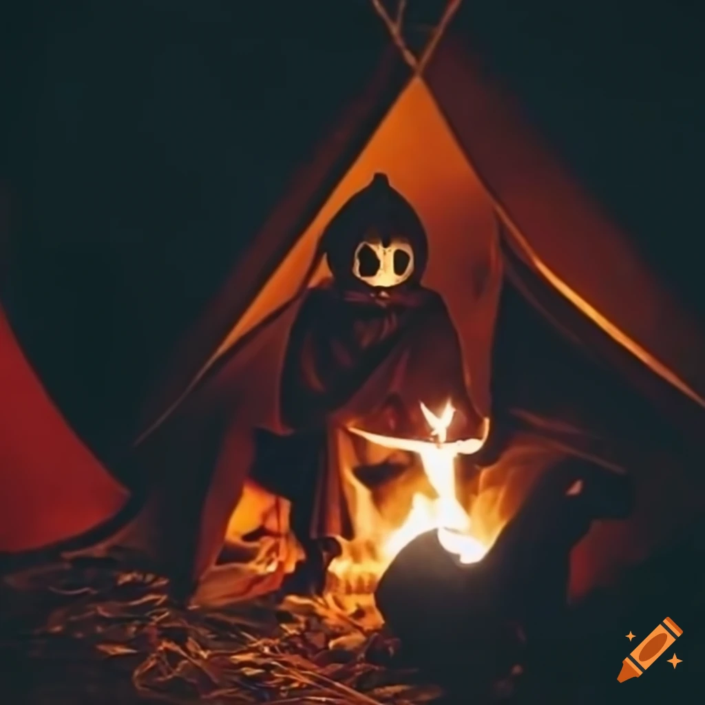 Hooded man with hollow knight mask sitting by a dim fire in a dark ...
